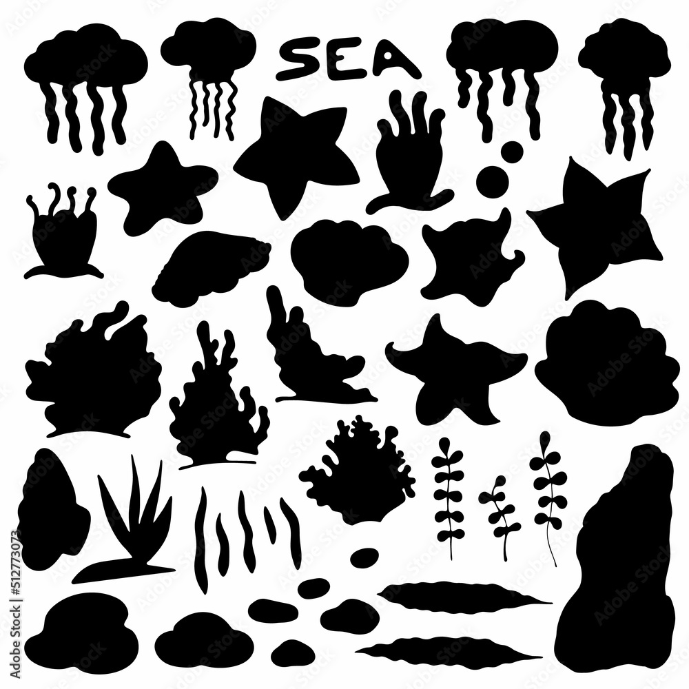 Set of Underwater Inhabitant Silhouette. Underwater Life vector by hand ...