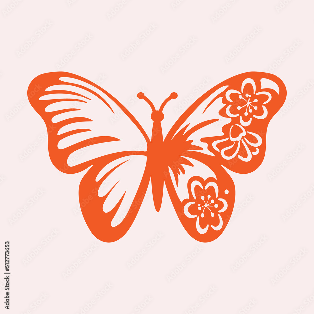 Stencil of an orange butterfly with flowers on wings. Cutting file ...