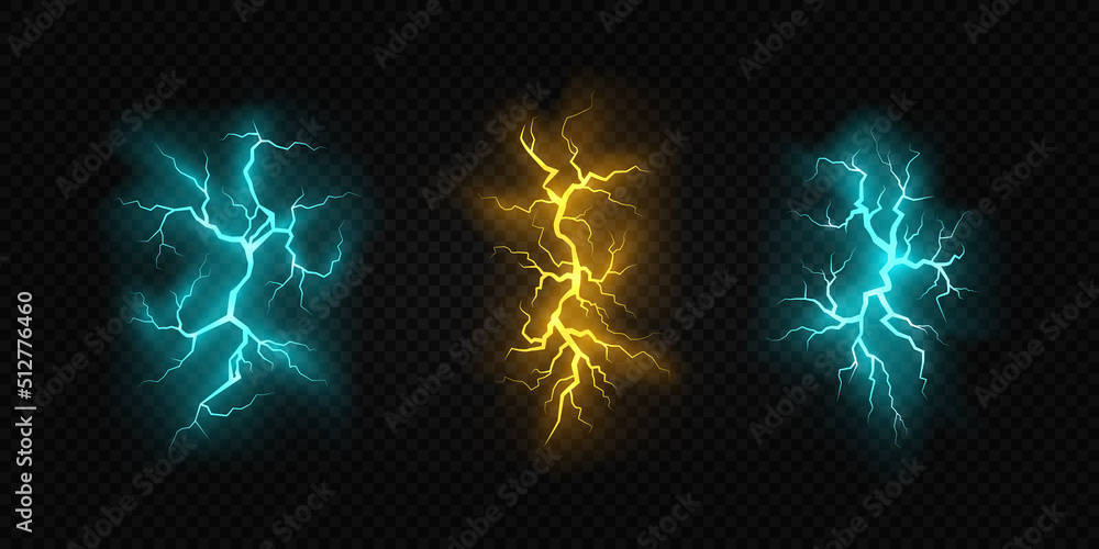 Set of various colors lightnings on transparent background. Thunder ...