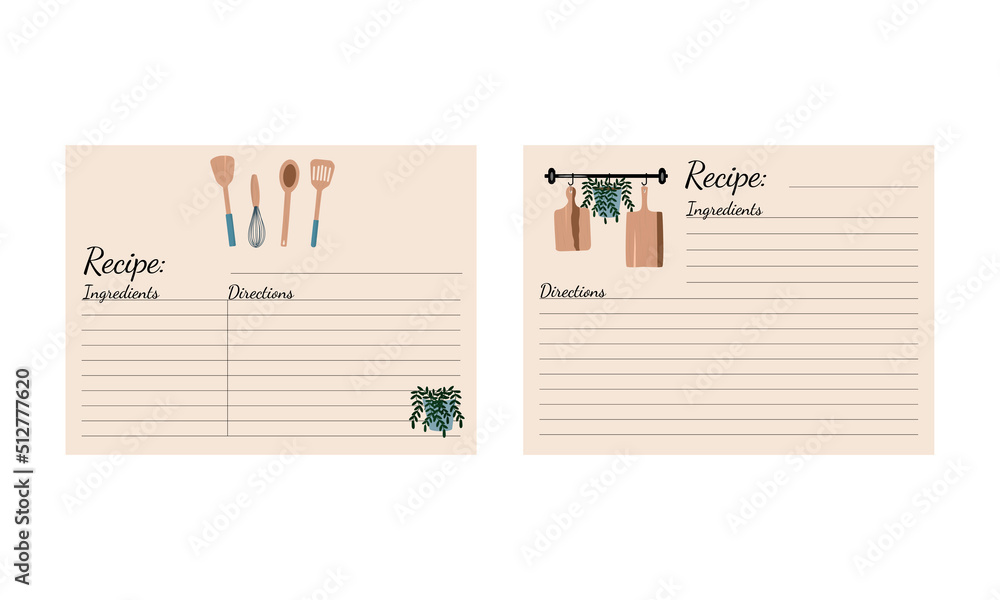 Recipe cards or sheet templates for making notes about meal preparation ...