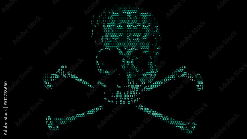 Alarming animated cyber hacking skull and cross bones symbol with animated binary code texture ...