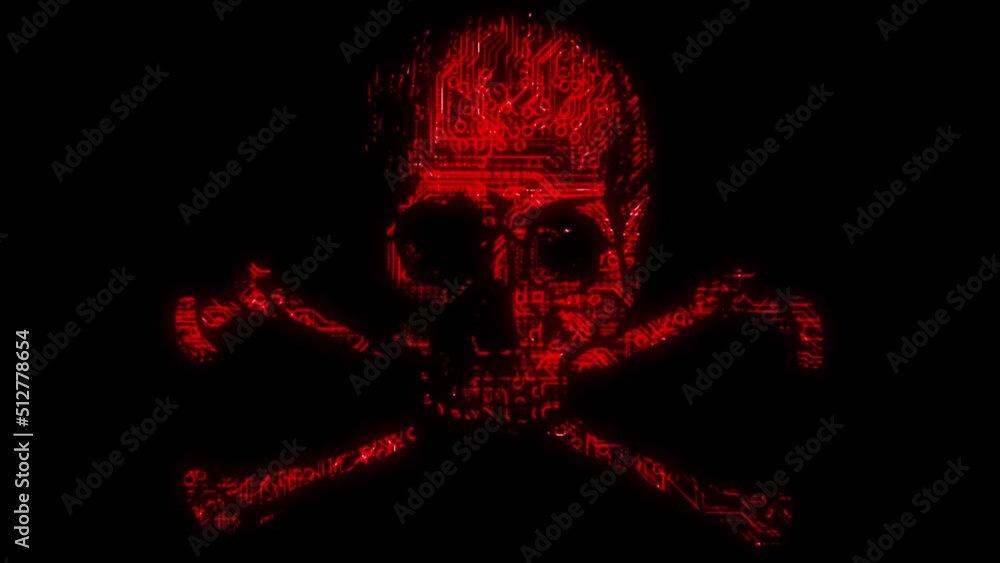 Alarming animated cyber hacking skull and cross bones symbol with ...