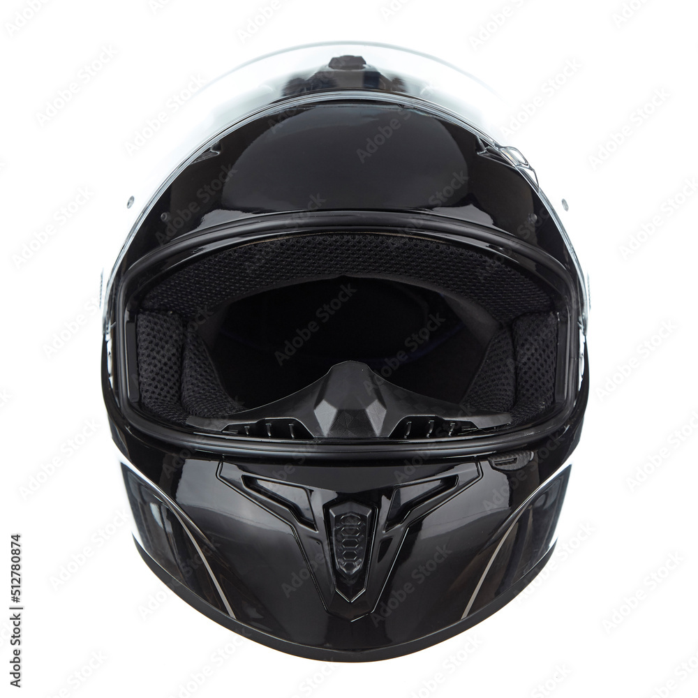 Modern motorcycle helmet made of black glossy carbon fiber, with neck ...