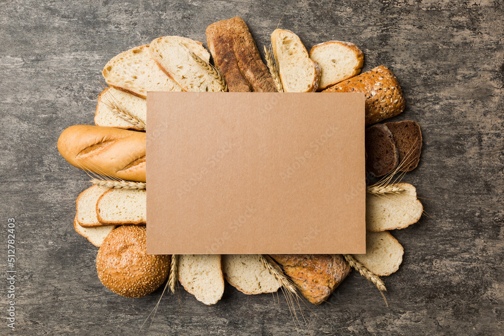 Minimalist paper blank mockup on background of Types of homemade bread ...