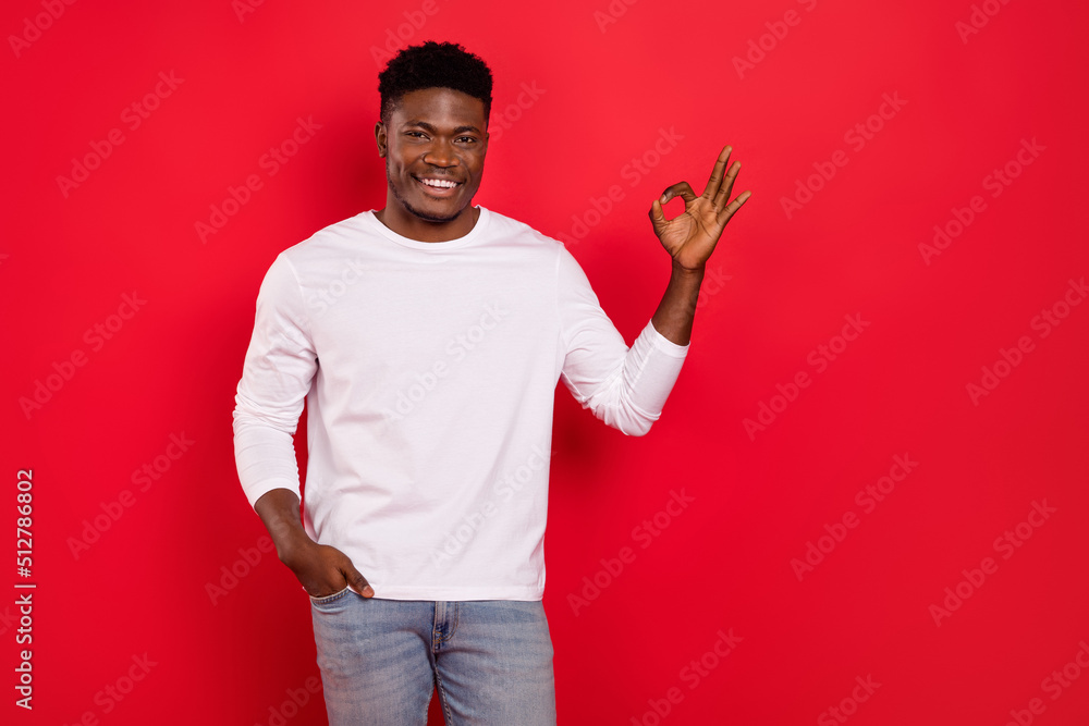 Portrait of positive man demonstrate okey symbol look camera isolated ...