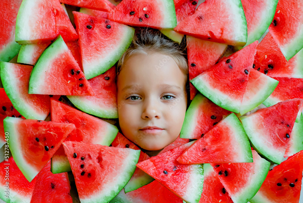Girl with Watermelon . Funny portrait of an incredibly beautiful little ...
