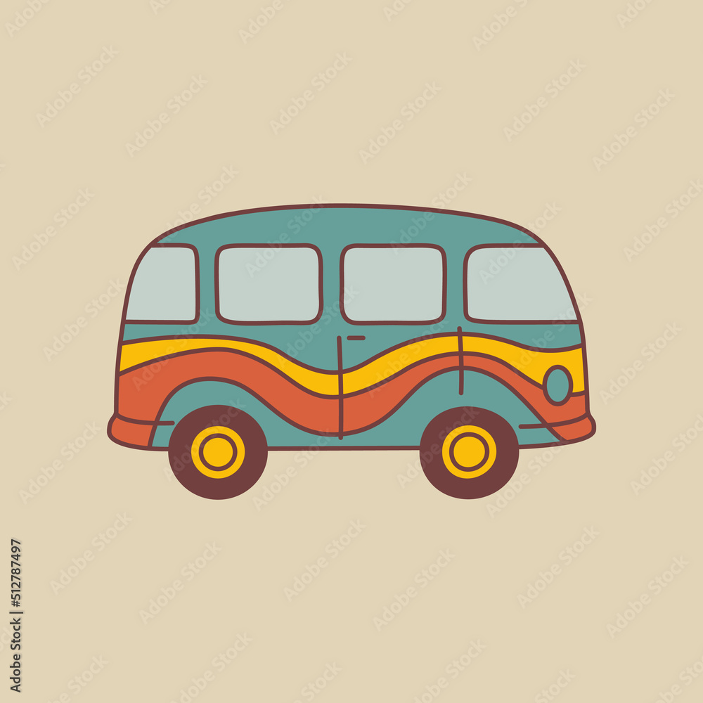 Groovy Hippie bus with rainbow in doodle style. Isolated vector ...