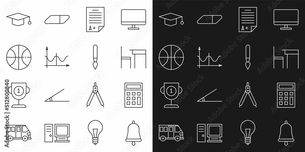 Set line Ringing bell, Calculator, School table and chair, Exam sheet ...