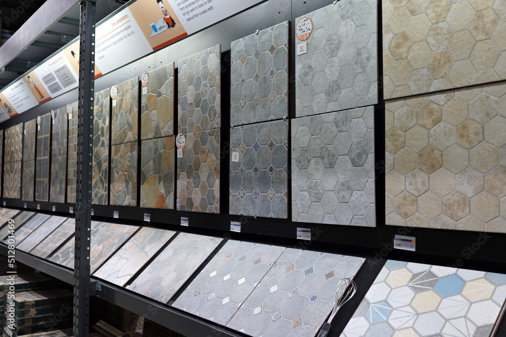 PENANG, MALAYSIA - 18 JUNE 2022: Various choice of ceramic tiles ...
