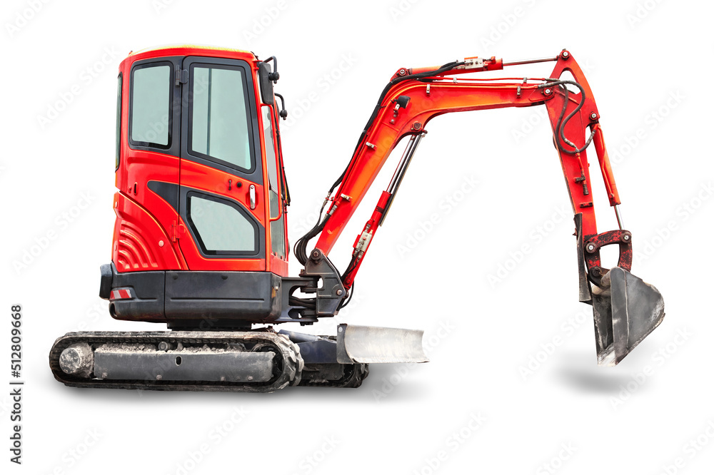 Small or mini excavator with clipping path isolated on white background ...