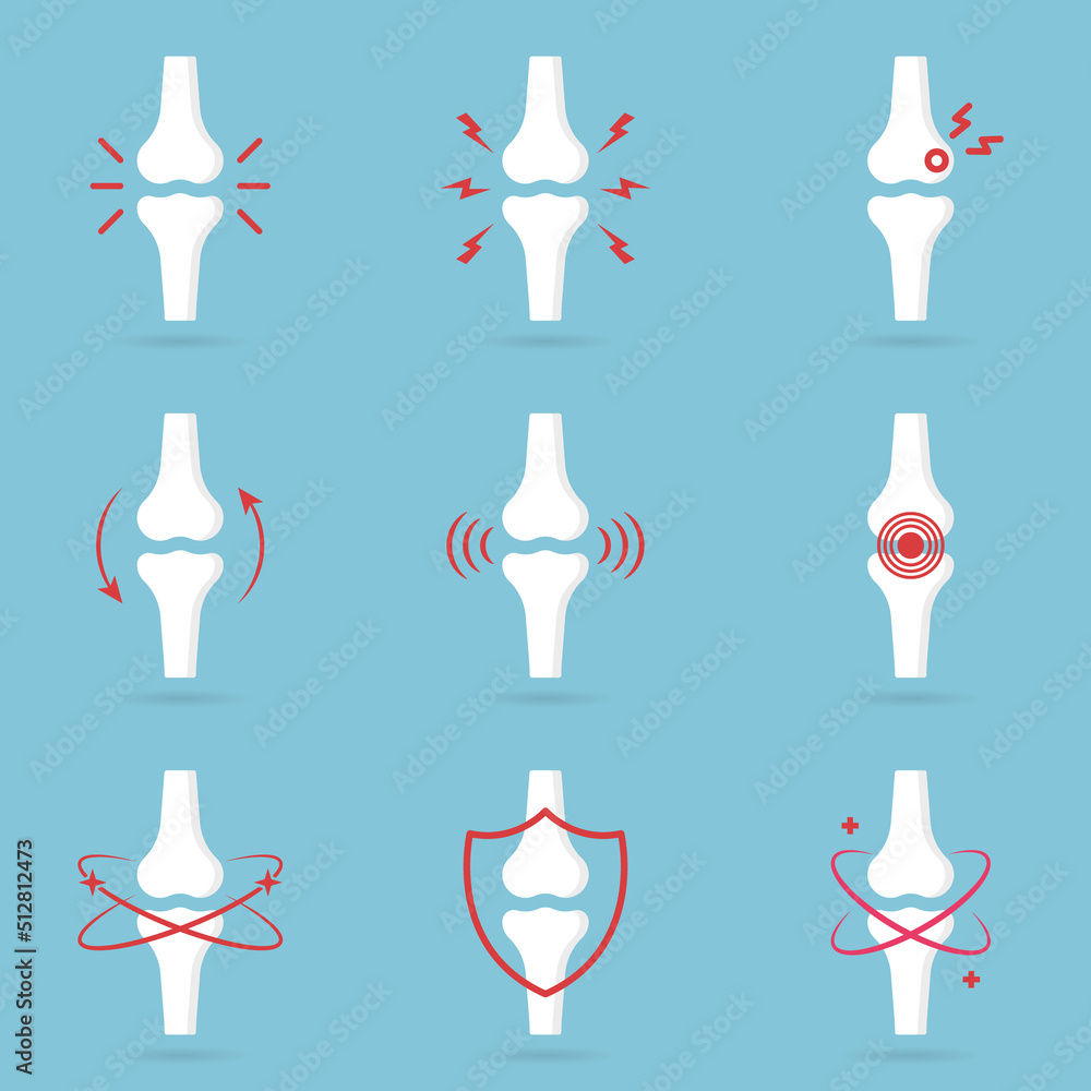Knee Joint Pain Silhouette Icon Set. Ache of Knee, Hand, Leg Skeleton ...