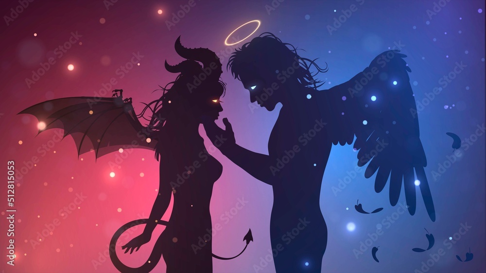 Silhouette of couple devil woman and angel man, concept of love of ...