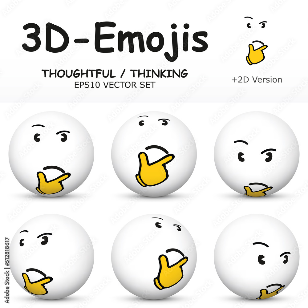 3D Emoji with THOUGHTFUL - THINKING Facial Expressions in 6 Different ...