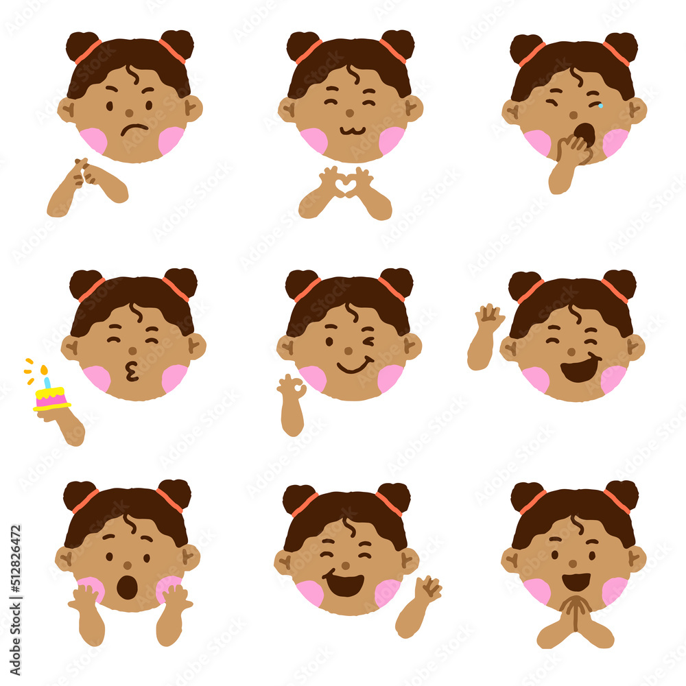 Cute Black Hair Black Eye Girl Kids Children Different Expression ...