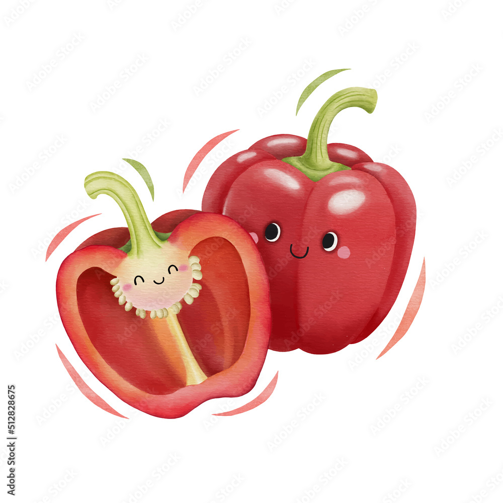 Watercolor cute red bell pepper cartoon character. Vector illustration ...