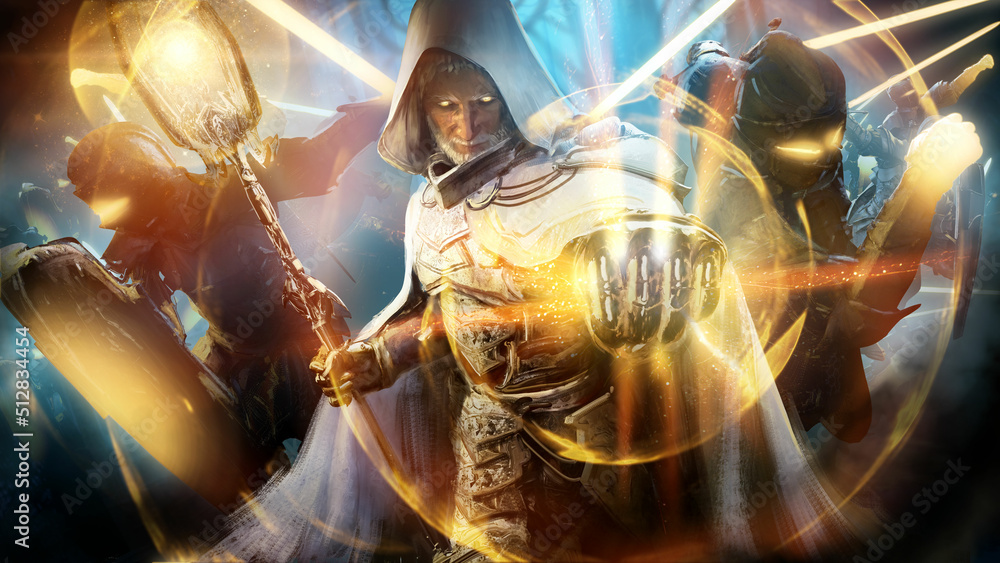 A gray-haired white wizard in a hood with a shining spiked staff ...