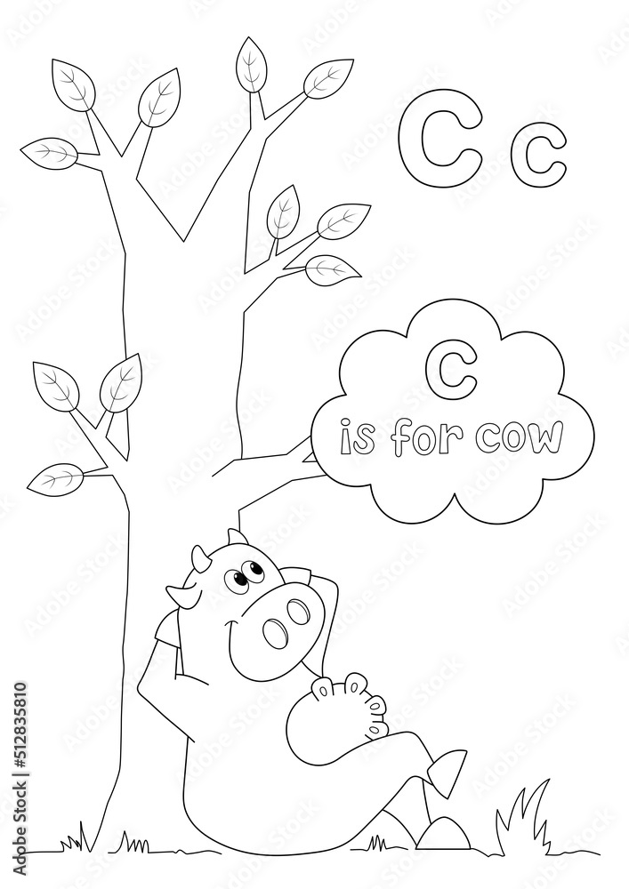 coloring sheet for little kids. letter c is for cow. black and white ...