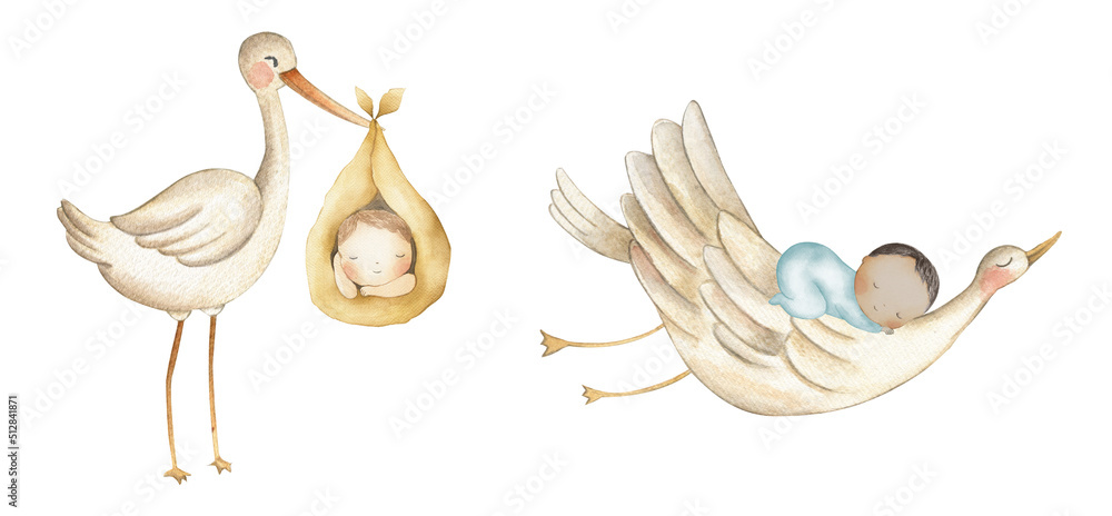 Baby watercolor illustration stork newborn girl boy Stock Illustration ...
