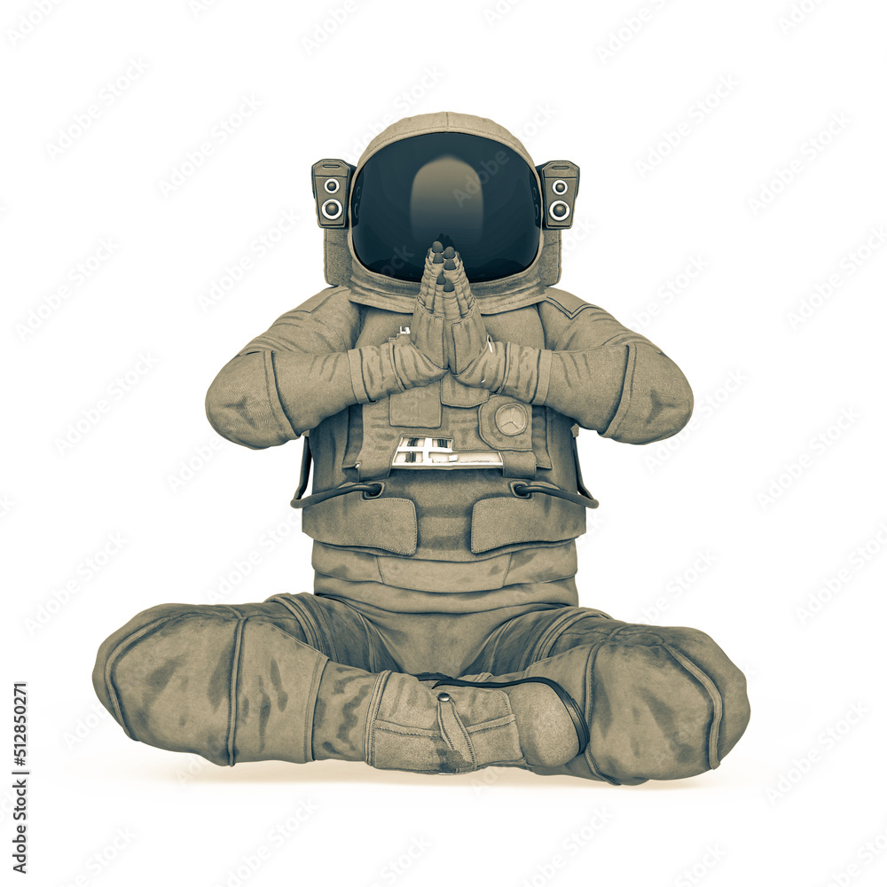 astronaut explorer is doing a prayer in meditation yoga pose on white ...