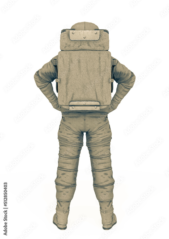 astronaut explorer is doing a super hero pose on white background rear ...
