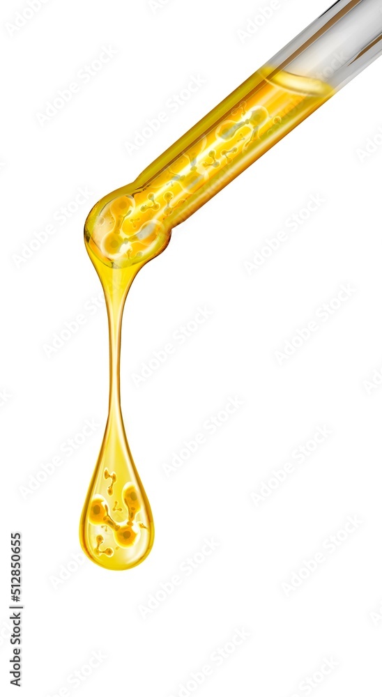 Stretched oily drops are falling from a vertical gold cosmetic pipettes ...