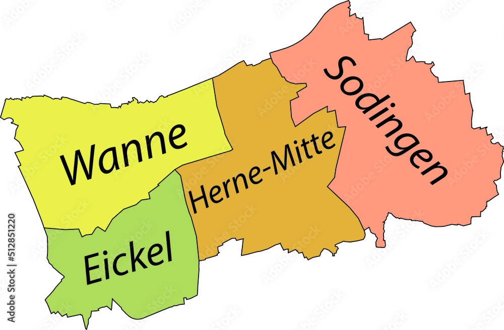 Pastel flat vector administrative map of HERNE, GERMANY with name tags ...