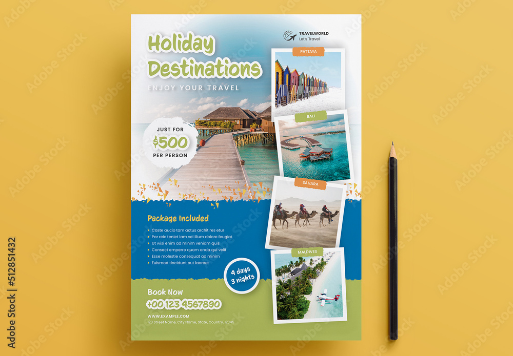 Travel Flyer Layout with Green and Blue Accents Stock Template | Adobe ...