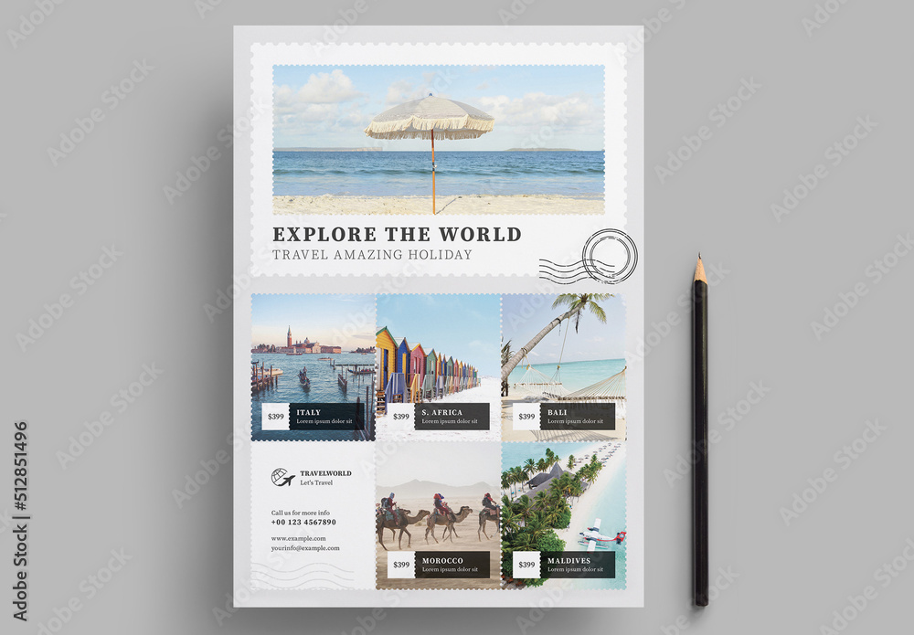 Travel Flyer Layout with Postage Stamps Elements Stock Template | Adobe ...