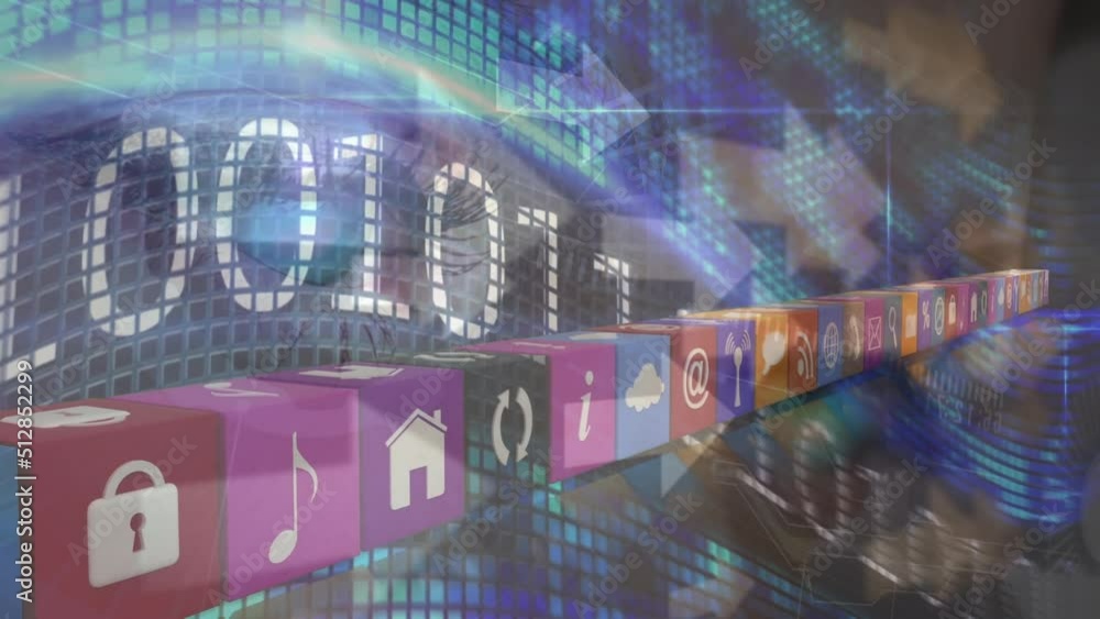 Animation of data processing, tech icons and arrow moving on digital ...