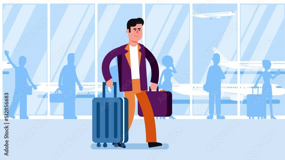 Passenger with luggage in airport. Cartoon passenger with suitcases ...
