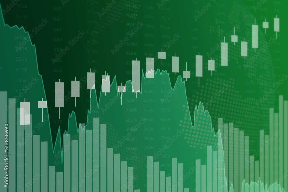 Green finance background with numbers, columns, lines, arrow. 3D render, soft focus Stock ...