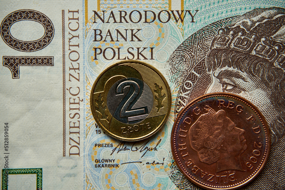 10 złotych, polski banknot ,monet polska i brytyjska Stock Photo ...