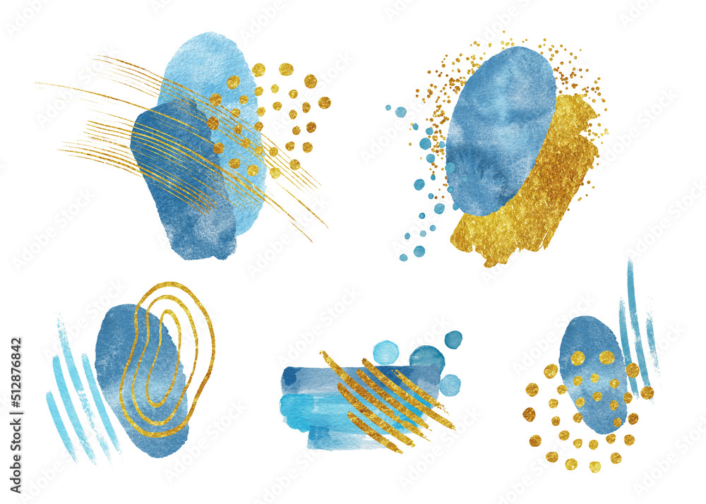 Watercolor blue abstract shapes with golden textured splash. Marine ...