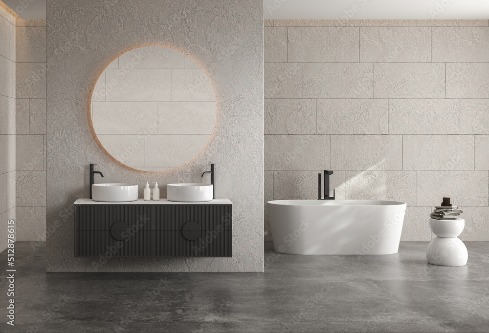 Minimalist bathroom with stone walls, white bathtub and two sinks with ...