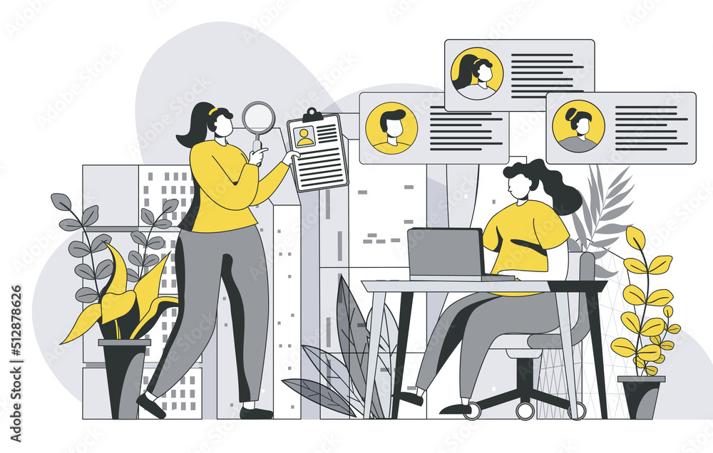 ภาพประกอบสต็อก HR process concept with outline people scene. Women ...