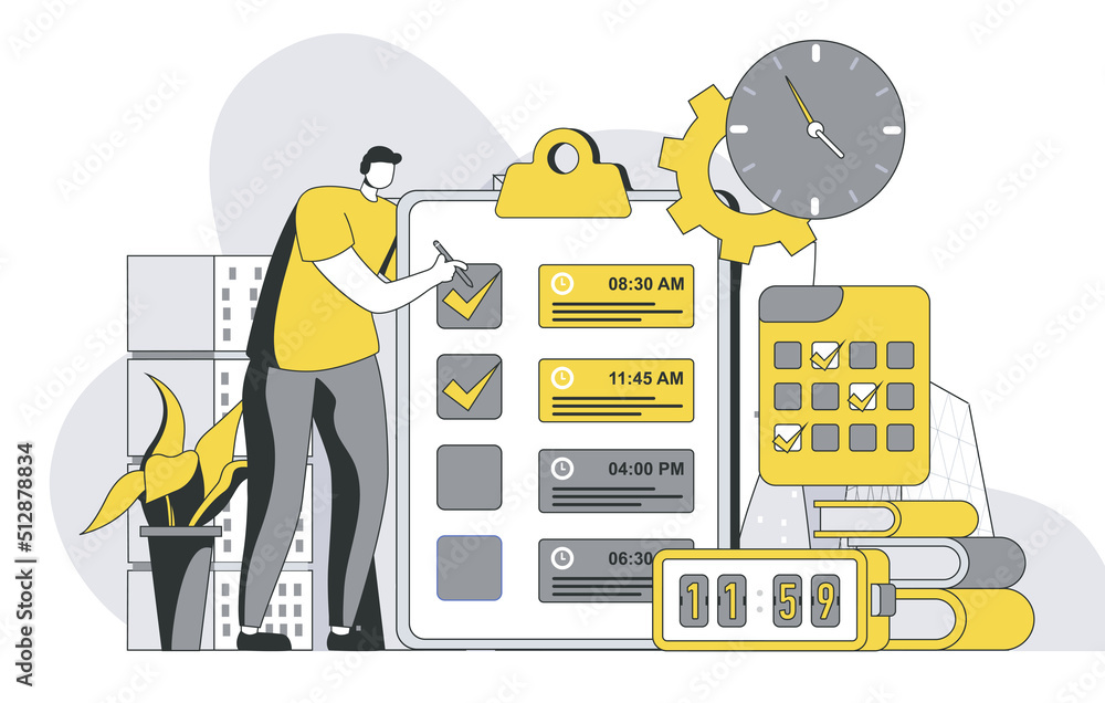 Time management concept with outline people scene. Man creates schedule ...