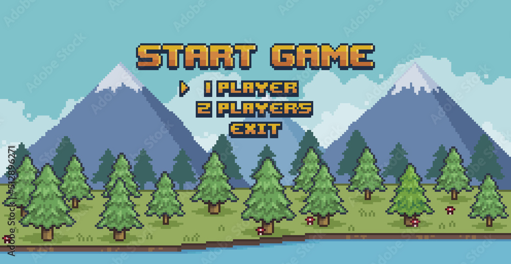 Pixel art forest game menu. Pine forest scene with lake and mountains 8 ...