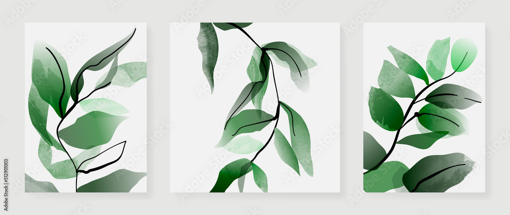 Set of abstract green leaf branch wall art vector. Botanical, leaf ...