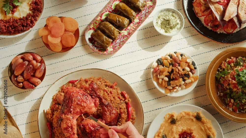 Kabsa, hummus, dolma, maqluba, tabbouleh top view, middle eastern ...