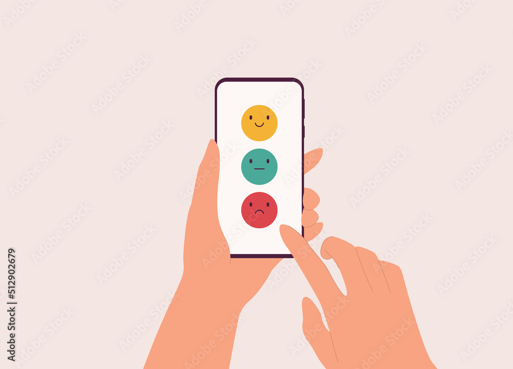 One Person’s Hand Holding Mobile Phone With Happy, Neutral and, Angry ...