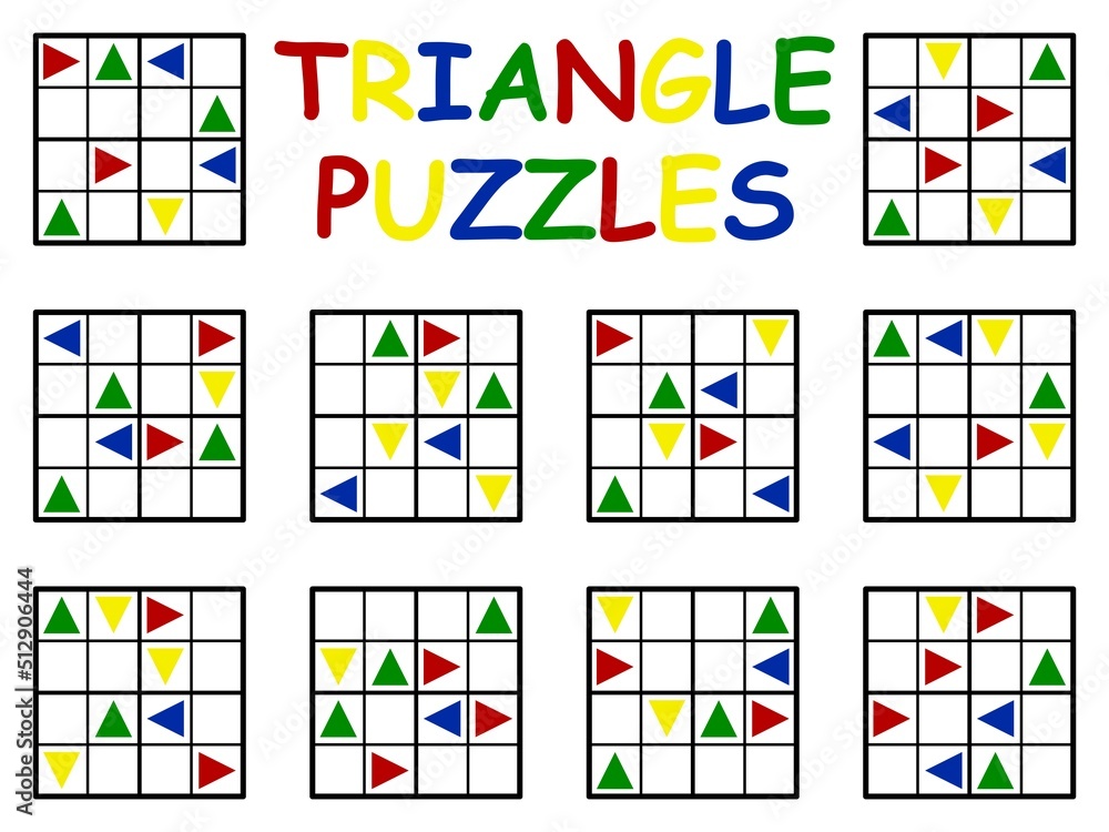 Big set with triangle puzzles for children vector illustration. Funny ...