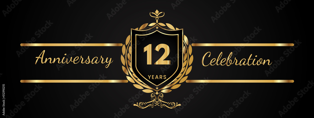 12 years anniversary celebration logotype with golden laurel and wreath ...