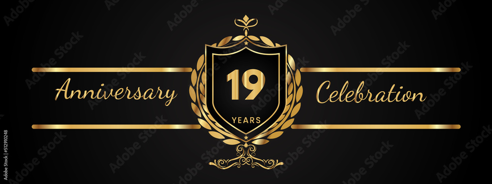19 years anniversary celebration logotype with golden laurel and wreath ...