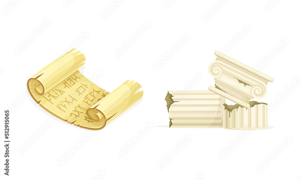 Antique Greek column and ancient paper scroll. Objects of archaeology ...