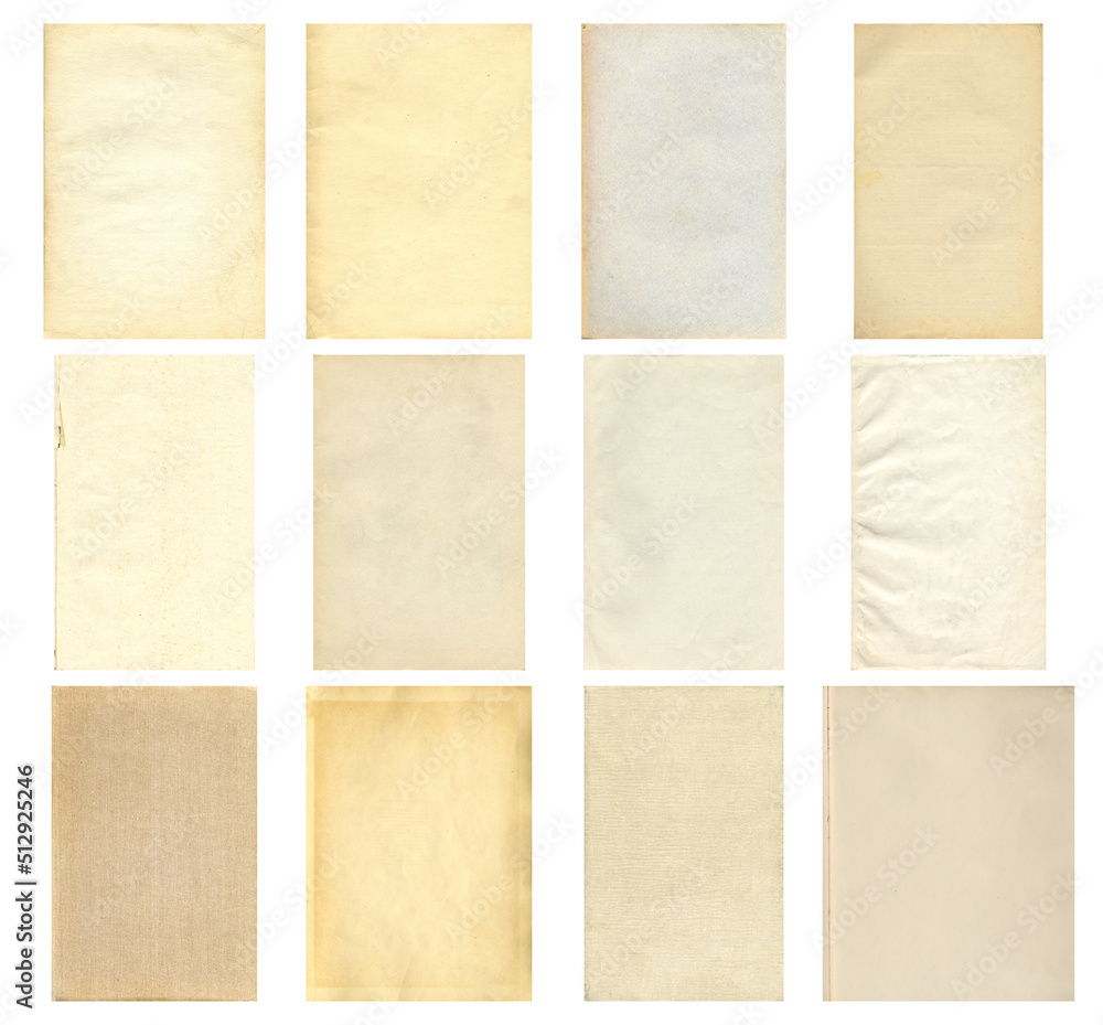 Paper and textile textures set. Blank old pages with rough faded ...