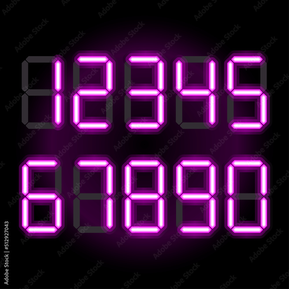 Digital font, alarm clock numbers. Vector template of glowing realistic ...