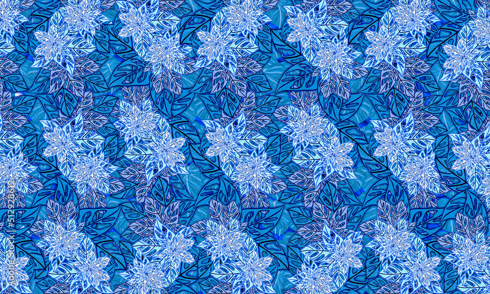 green Tropical leaves hand drawn pattern with blue filter effect ...