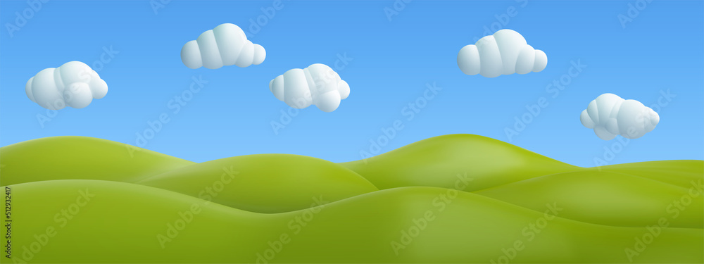 3d realistic cartoon green hills with white clouds on blue sky ...