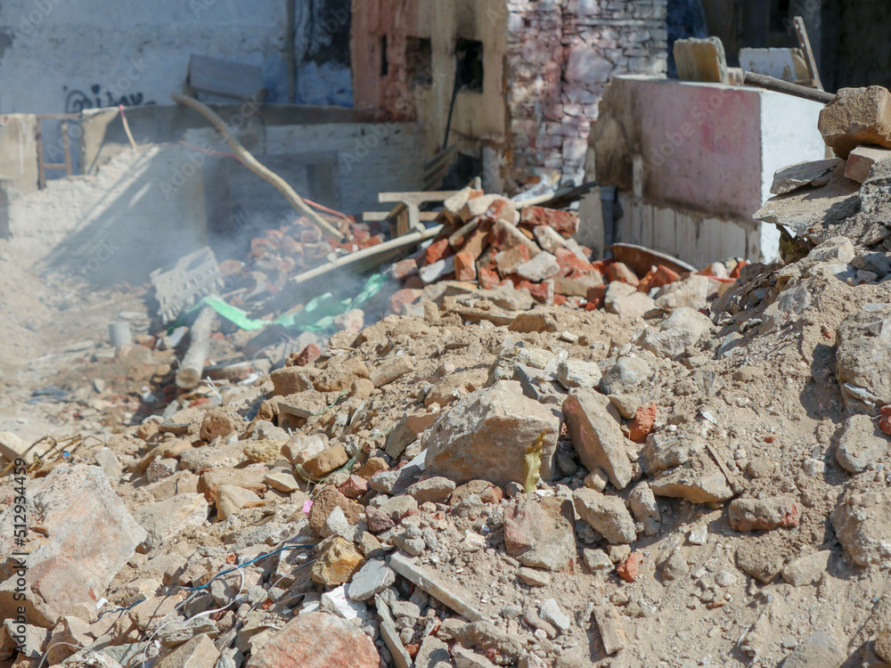 Ruin structure, debris scattered scene in rural village in India ...