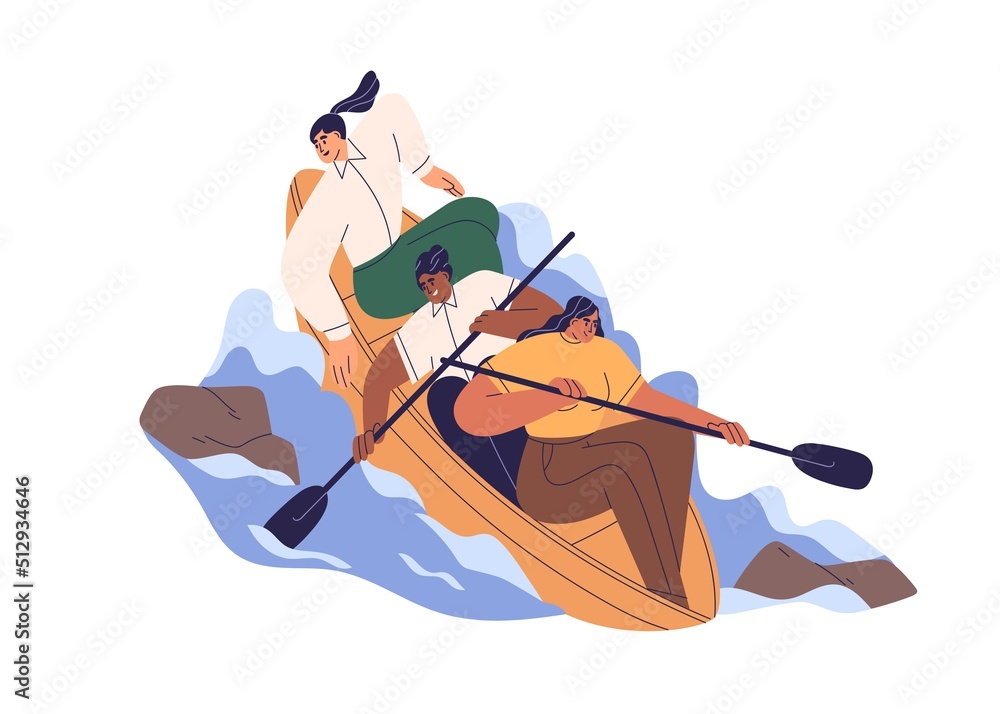 Business team rowing in boat on way with challenges, difficulties ...